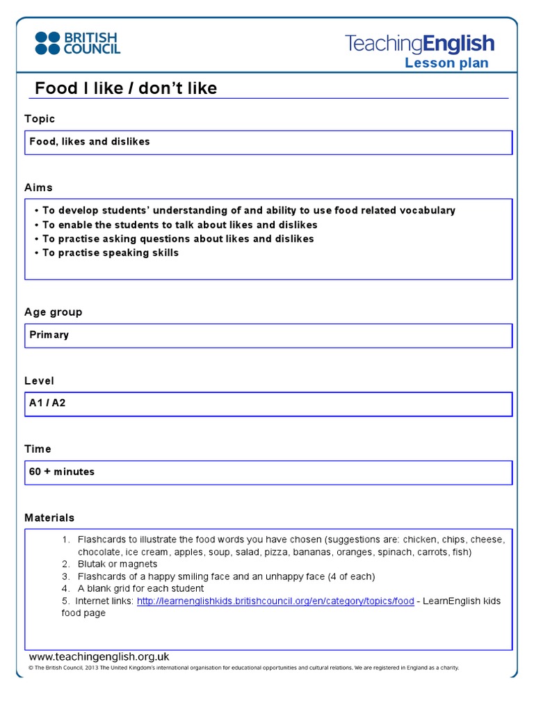 Food Likes and Dislikes Lesson Plan | PDF | Communication | Learning