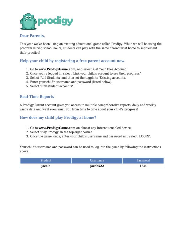 Prodigy Math Parent Letters | PDF