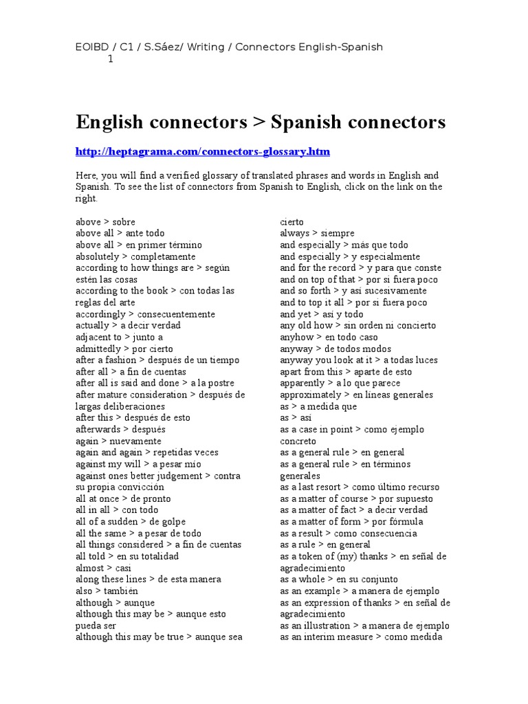 Connectors English Spanish