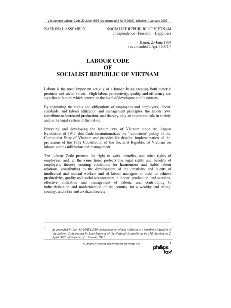 Labour Code OF Socialist Republic of Vietnam | PDF | Finance & Money ...