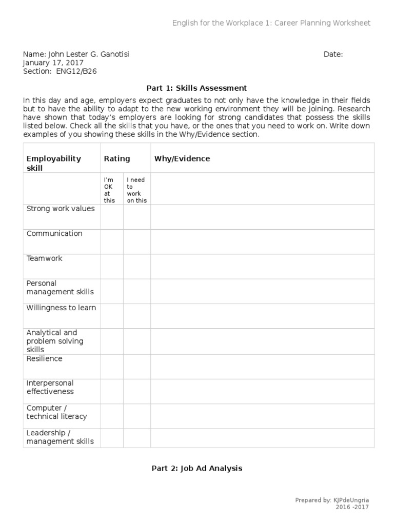 Part 1: Skills Assessment: English For The Workplace 1: Career Planning ...