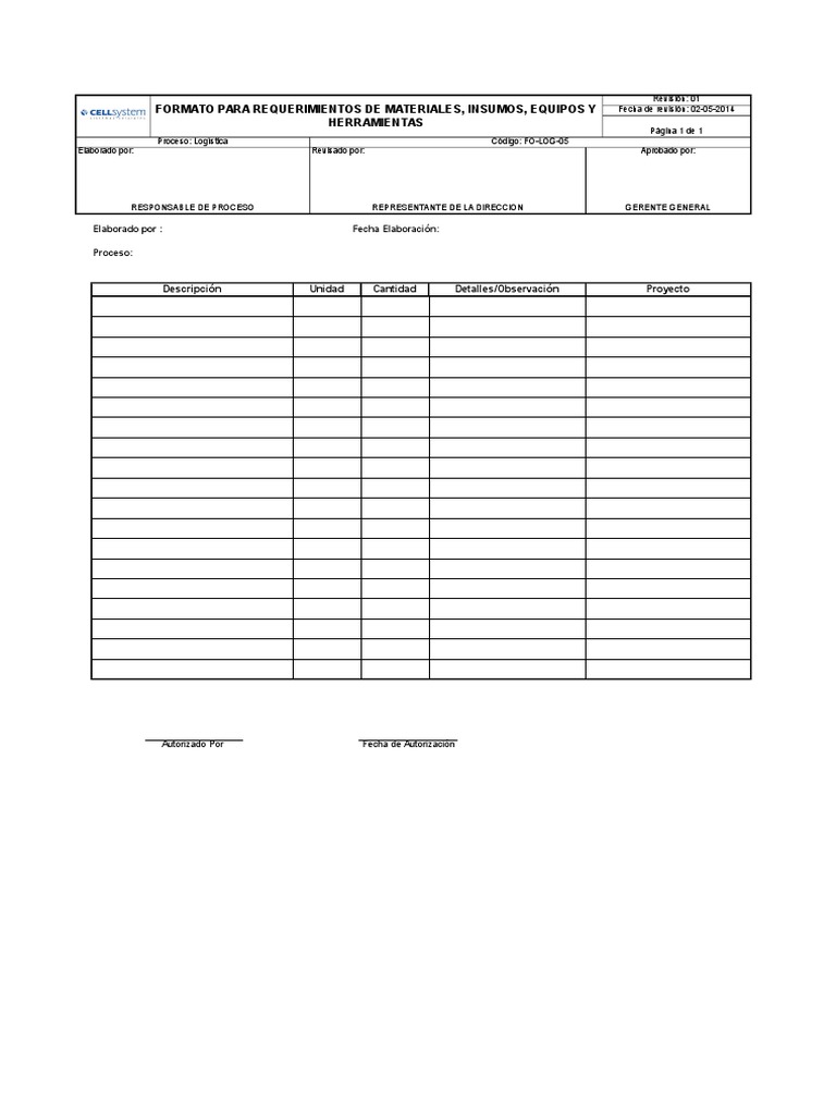 FO-LOG-05 Formato para Requerimiento de Materiales, Insumos, Equipos y ...