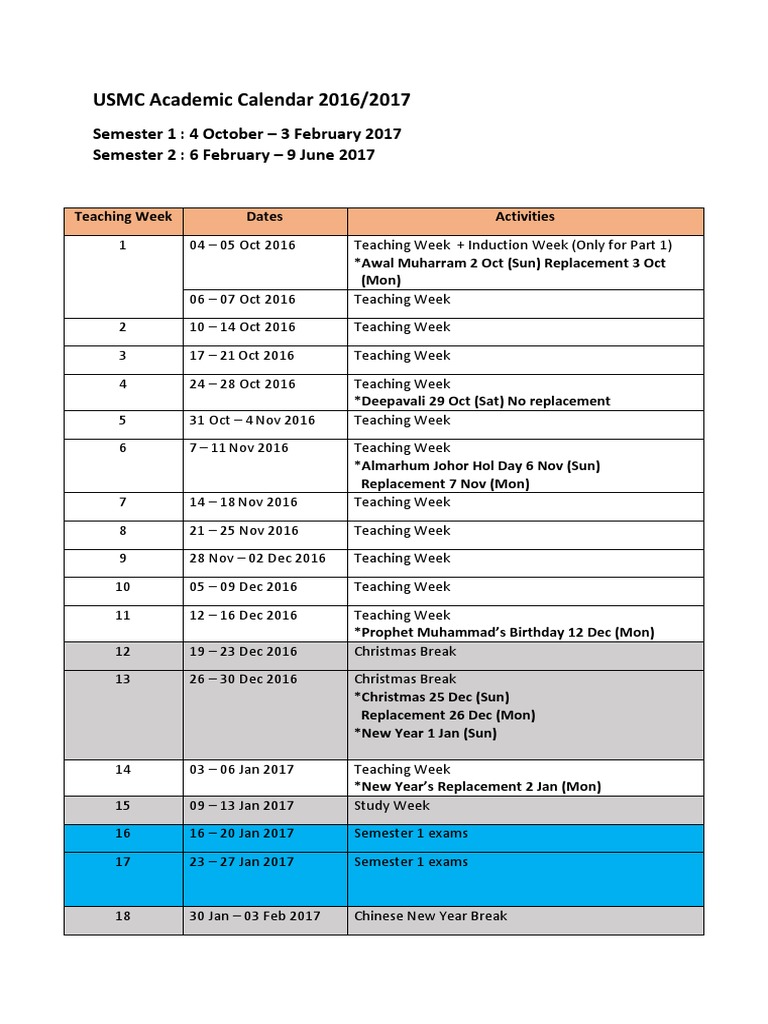 USMC Academic Calendar 2016-17 | PDF