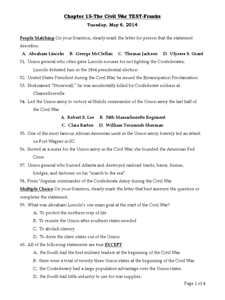 2014 Chapter 15 Civil War Test | PDF | Union Army | American Civil War