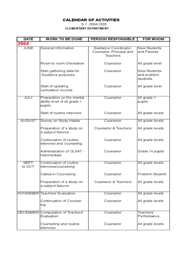 Calendar of Activities 2004-2005 | PDF | School Counselor | Teachers
