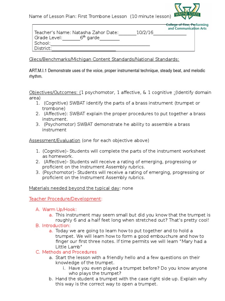 Brass Methods Lesson Plan Example 1 | PDF | Trumpet | Lesson Plan