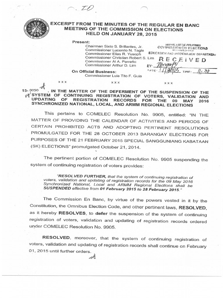 Registration (COMELEC Minute Resolution No. 15-0050) | Voting | Elections