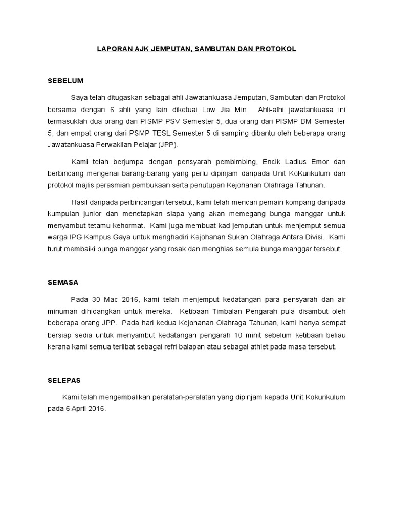 Laporan Ajk Jemputan, Sambutan, Dan Protokol | PDF