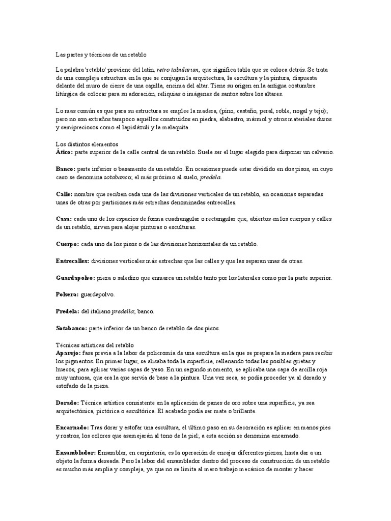 Las Partes y Técnicas de Un Retablo | PDF | Escultura | Pinturas