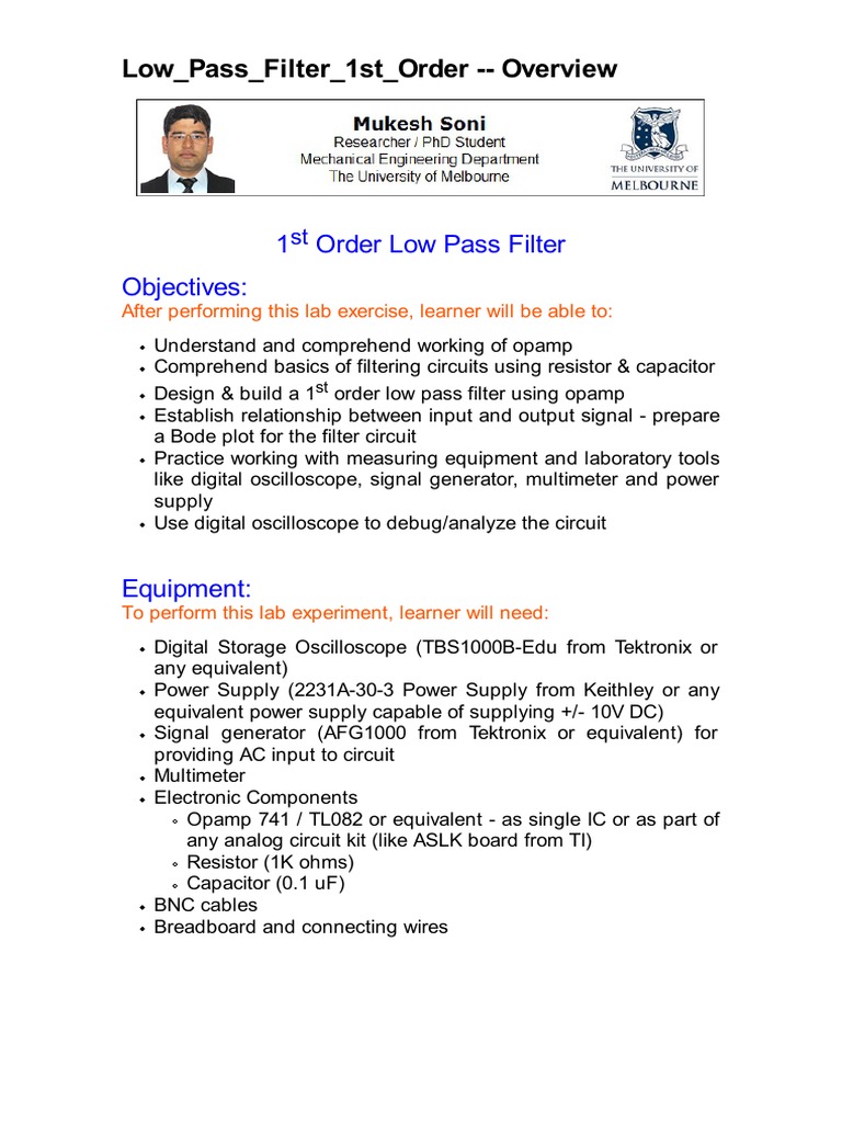 First-Order Low Pass Filter Lab Guide | PDF | Low Pass Filter ...