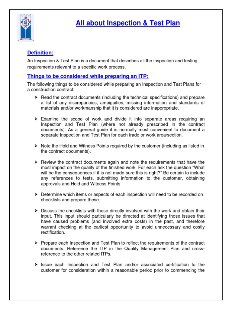 Construction Inspection & Test Plan Guide | PDF | Specification ...