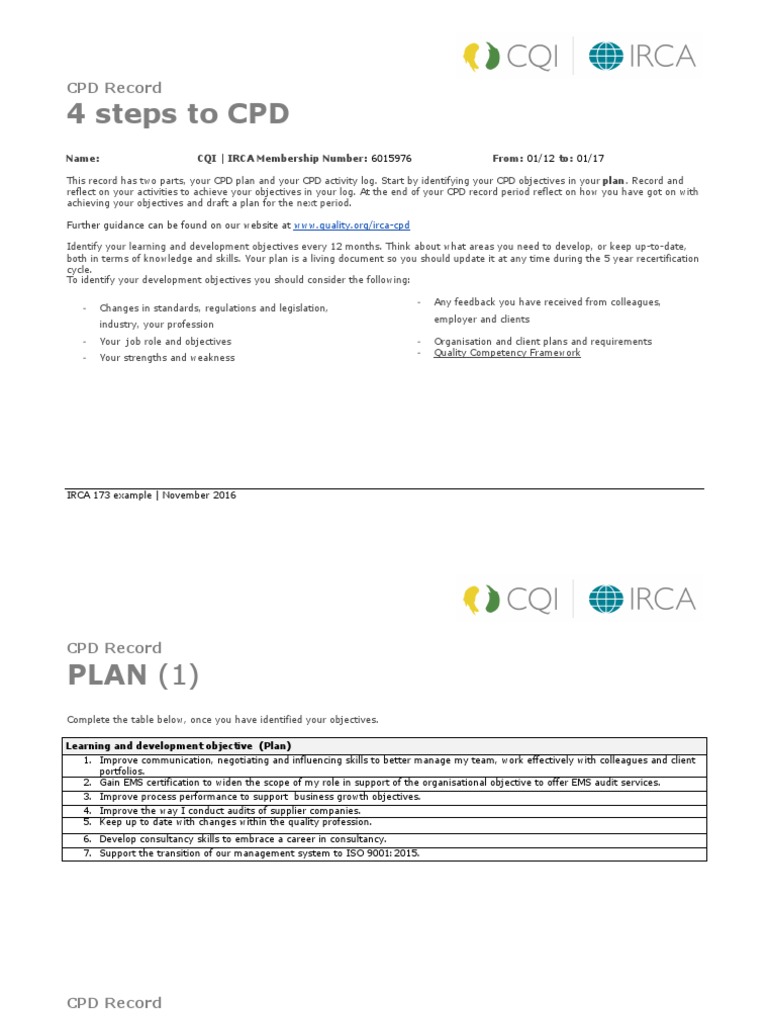 Cqi Irca CPD Record Form Example | Iso 9000 | Audit