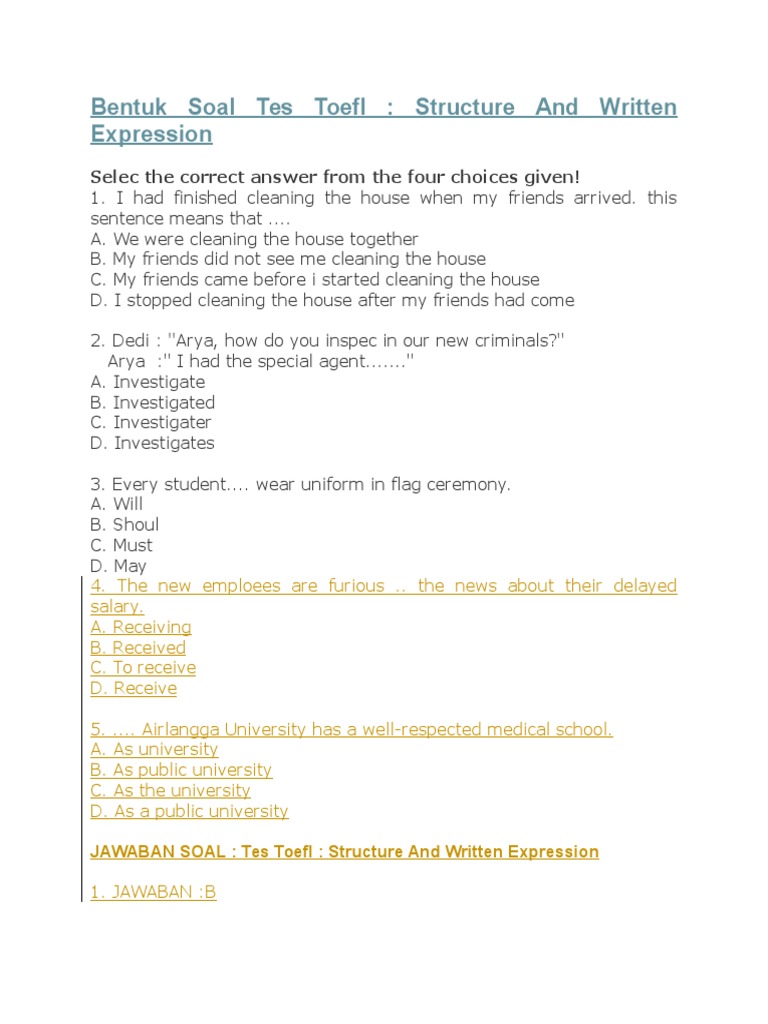 Bentuk Soal Tes TOEFL Structure | PDF