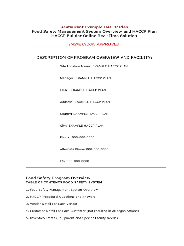 Restaurant Example HACCP Plan | PDF | Hazard Analysis And Critical ...