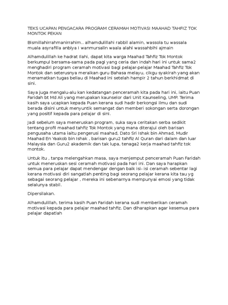 Teks Ucapan Pengacara Program Ceramah Motivasi Maahad Tahfiz Tok Montok Pekan | PDF