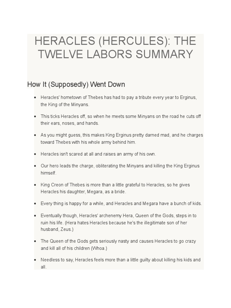 12 LABORS HERACLES SUMMARY.docx | Hades | European Mythology | Free 30 ...