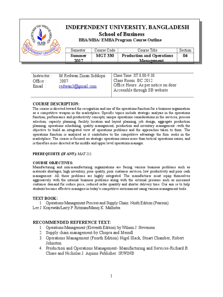 Course Outline | PDF | Lean Manufacturing | Operations Management