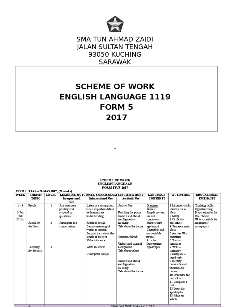 Scheme of Work English Language 1119 Form 5 2017: Sma Tun Ahmad Zaidi ...