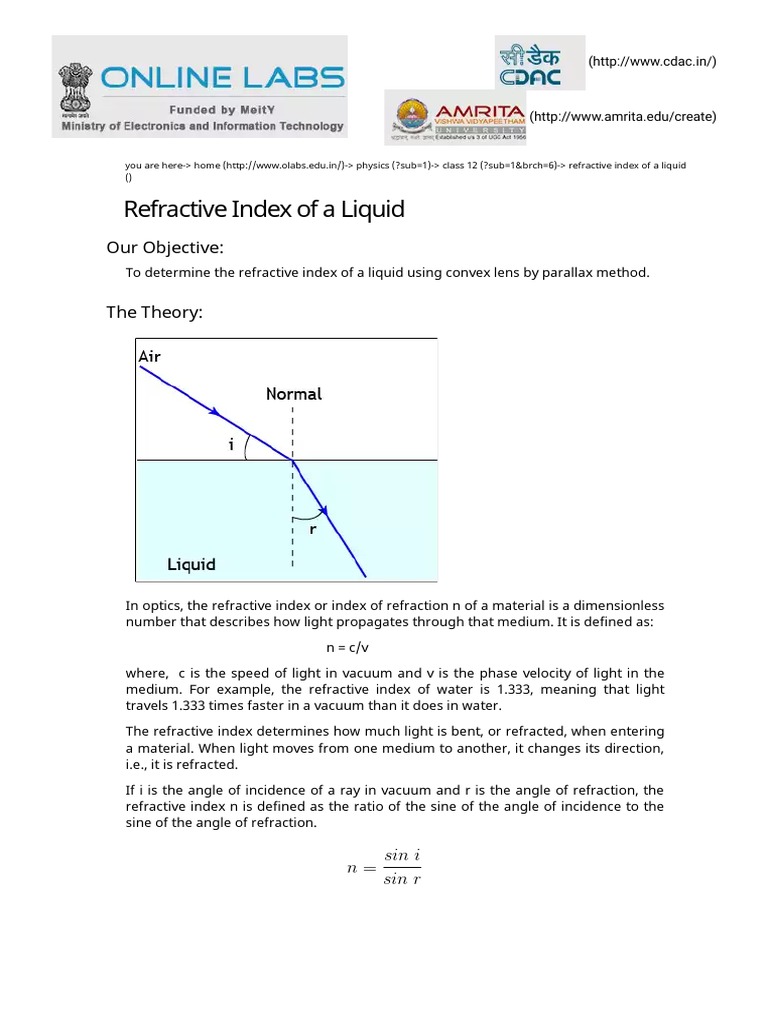 Measuring Liquid Refractive Index | PDF | Refraction | Refractive Index