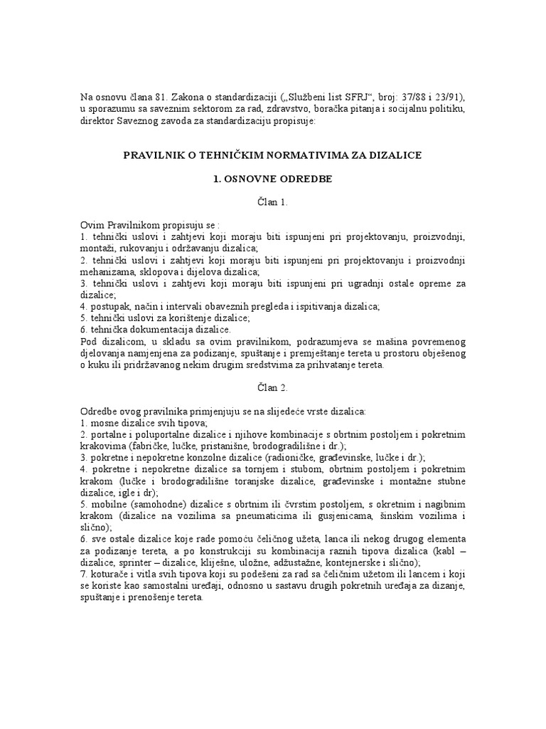 Pravilnik o Tehnickim Normativima Za Dizalice | PDF