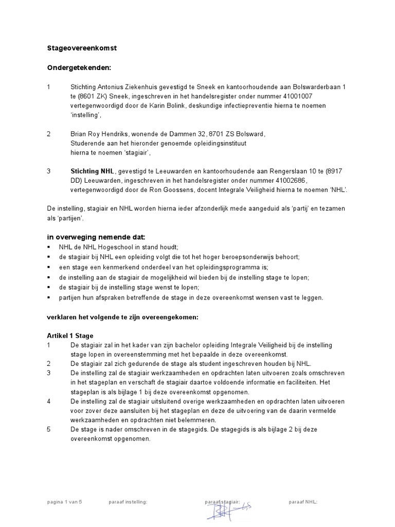 Stageovereenkomst B. Hendriks | PDF