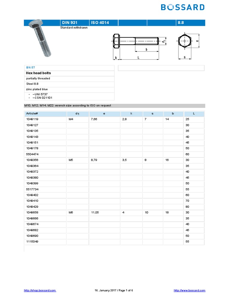 Catalog of Hex Head Bolts: Dimensions, Specifications, and Part Numbers ...