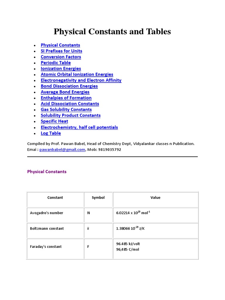 Key Physical Constants and Tables | PDF | Acid | Celsius