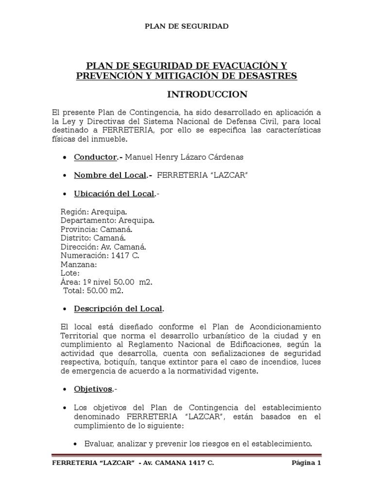 Plan de Seguridad Ferreteria Lazaro | PDF | Primeros auxilios | Herida