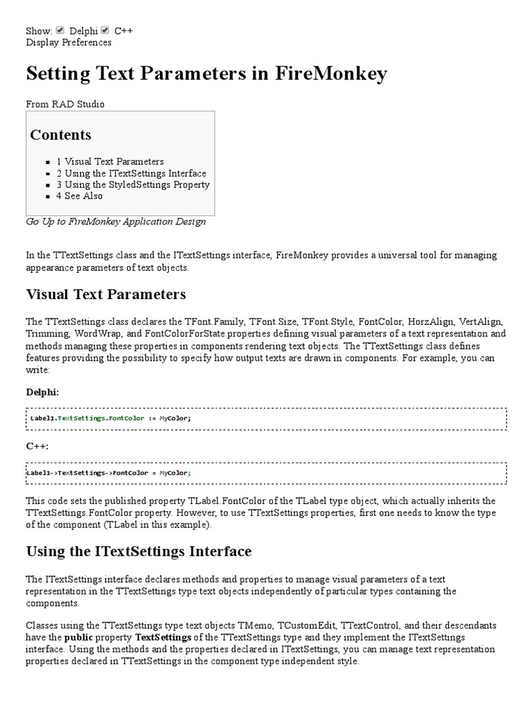 Setting Text Parameters in FireMonkey - RAD Studio | PDF | Interface (Computing) | Parameter ...