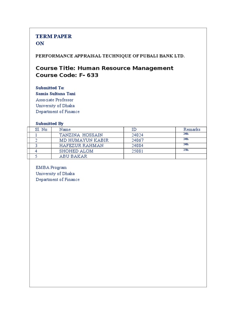 Term Paper ON: Course Title: Human Resource Management Course Code: F-633 | PDF | Performance ...