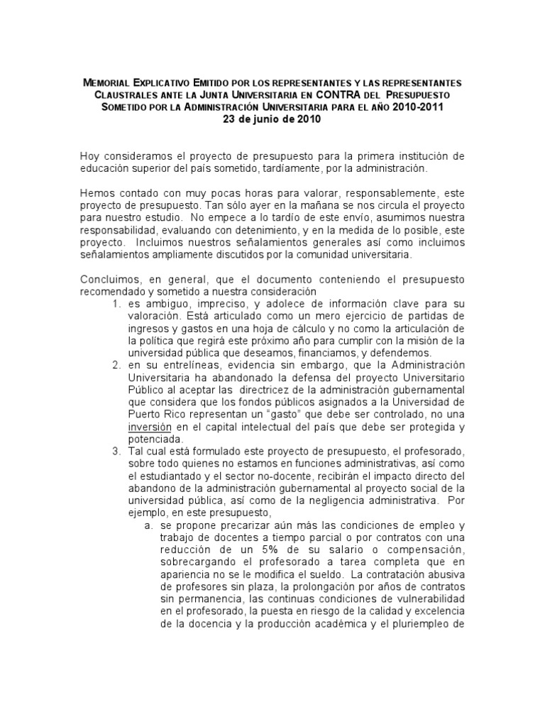 Memorial Explicativo Presupuesto UPR VotoCC-JU | PDF | Puerto Rico ...