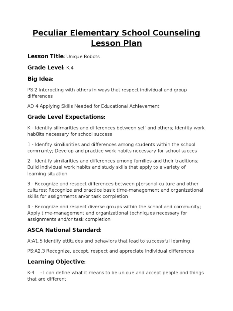 Peculiar Elementary School Counseling Lesson Plan: Lesson Title Grade ...
