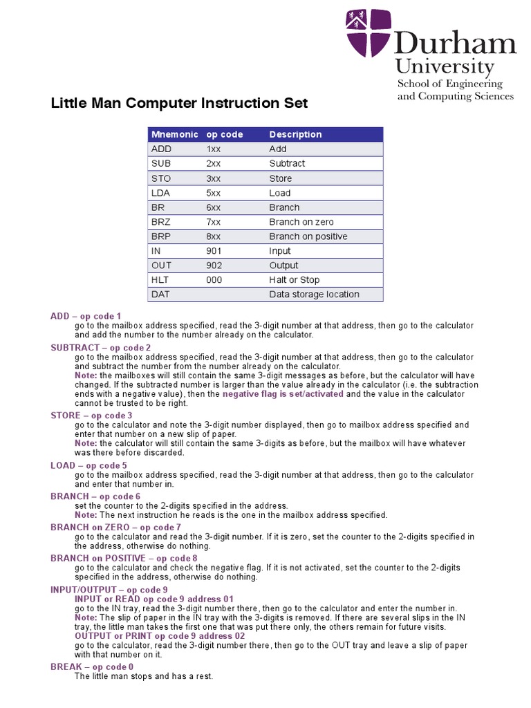 Little Man Computer Instruction Set: An Overview of Operations and Mnemonics for a Simple ...