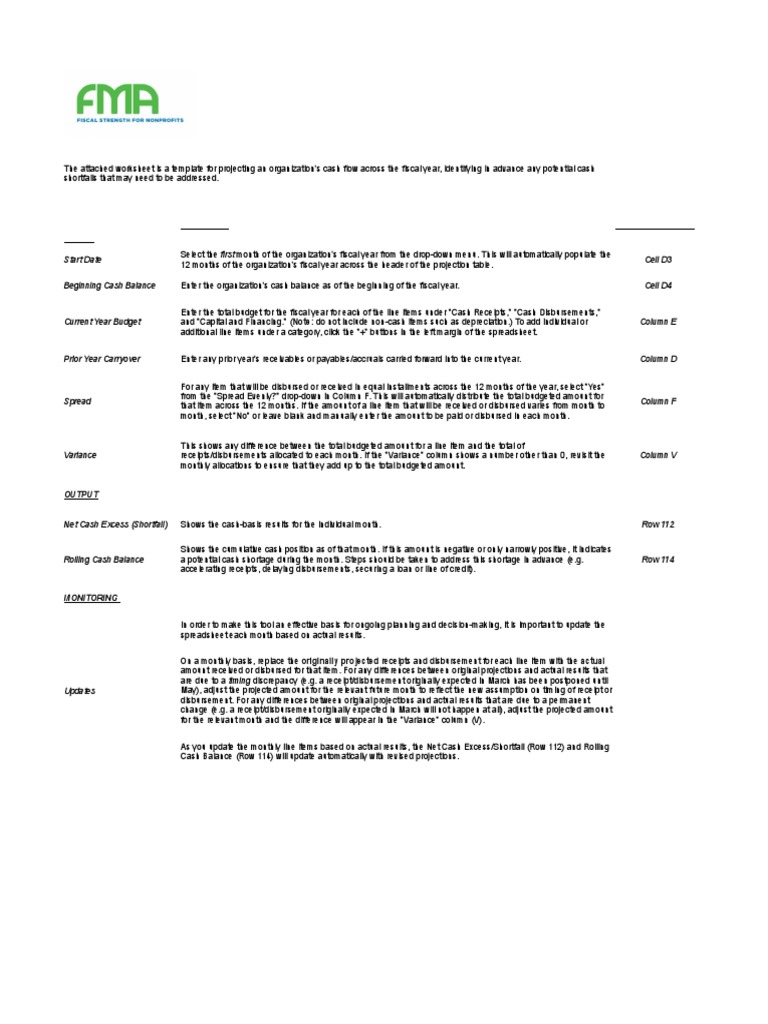 Cash Flow Projection Worksheet: Instructions: Instructions Cell ...
