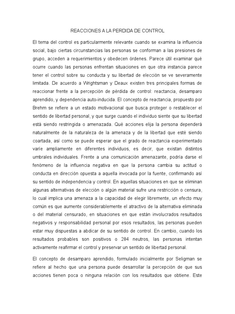Reacciones A La Perdida de Control | PDF | Libertad | Metafísica de la ...