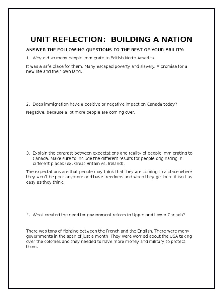 Unit Reflection: Building A Nation: Answer The Following Questions To ...
