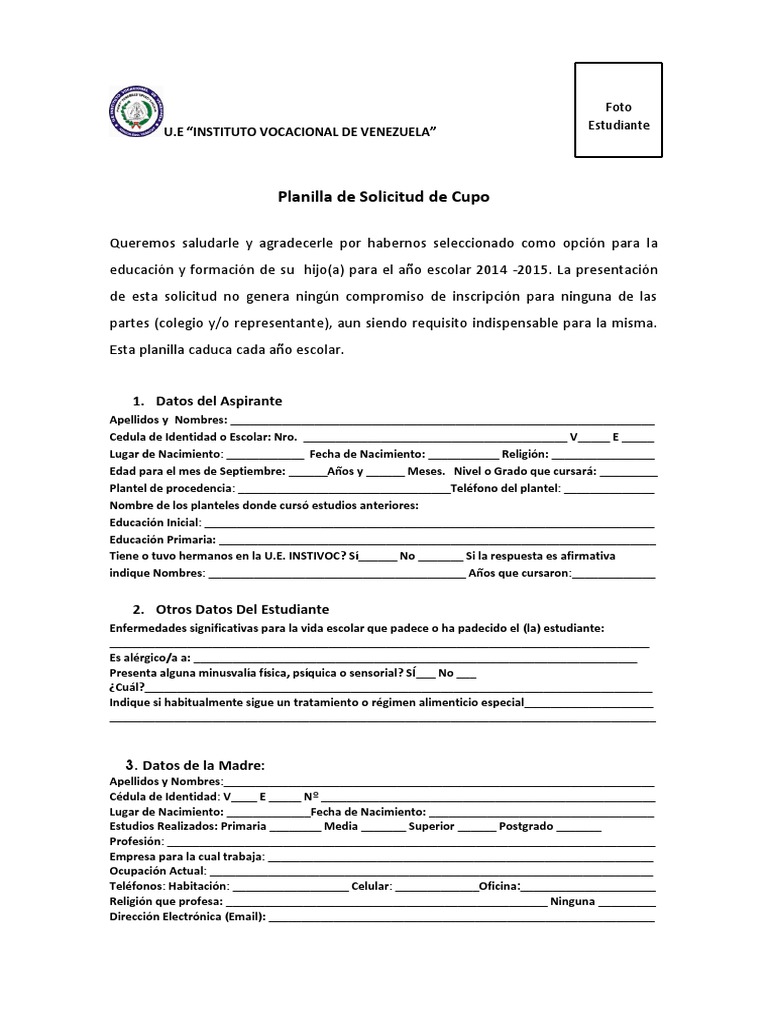 Planilla de Solicitud de Cupo para El Año 2014 - 2015 | PDF
