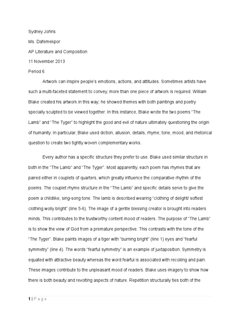 The Lamb Tiger Compare Contrast Essay | PDF | Poetry