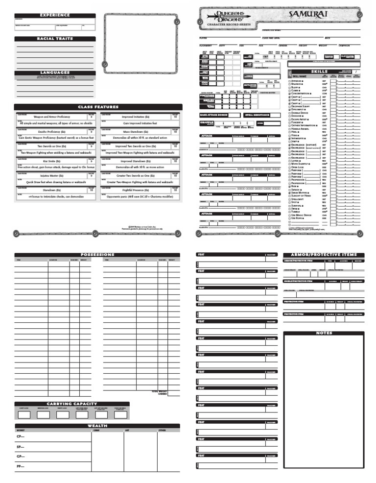 Character Sheet D&D 3.5 - Samurai EUA 2pg | PDF