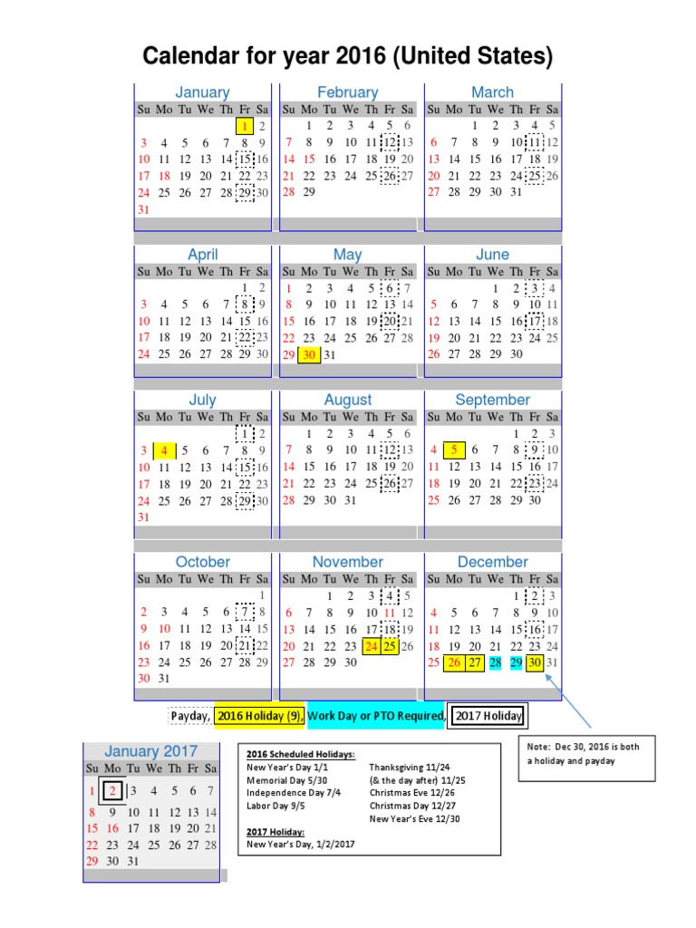 2016 US Calendar with Holidays | PDF