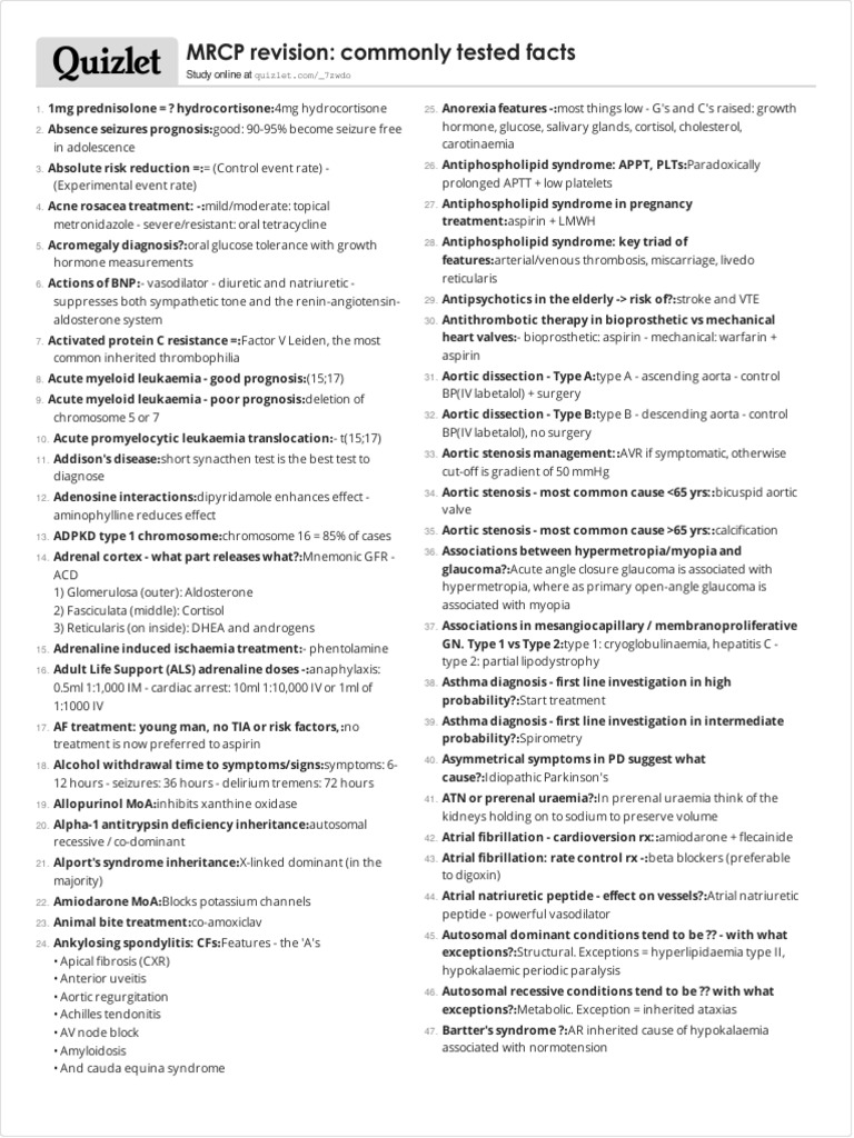 MRCP Commonly Tested Facts For Part1 | PDF | Cancer | Heart