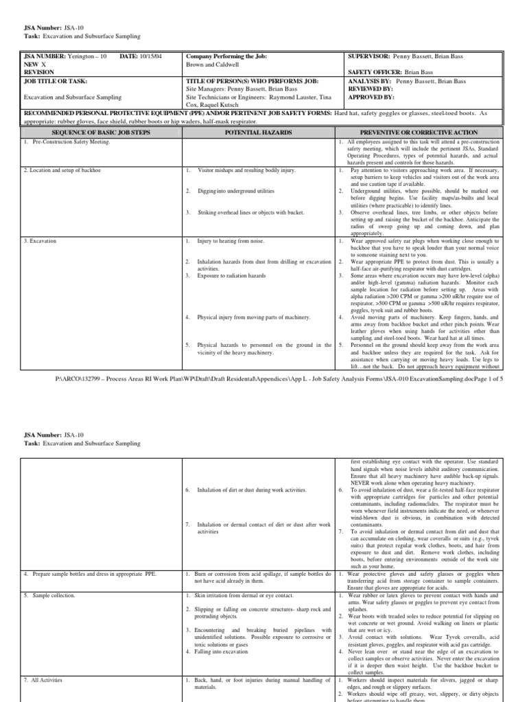 JSA-010 Excavation Sampling | PDF | Personal Protective Equipment ...