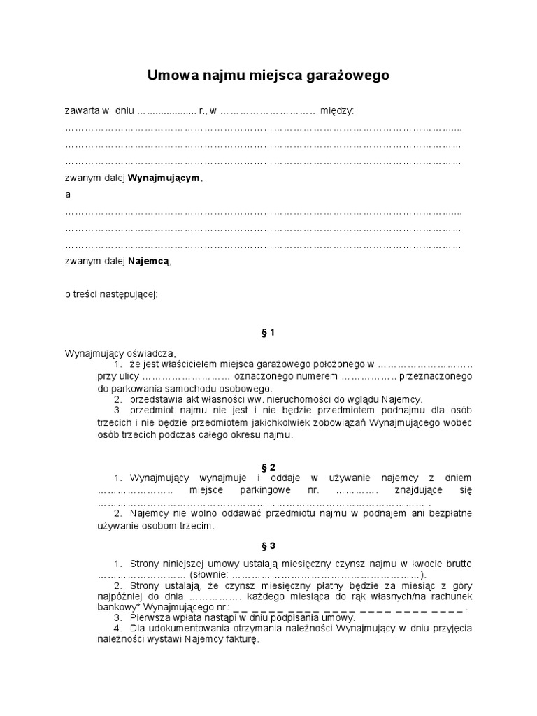 Wzor Umowa Najmu Miejsca Garazowego Z Omowieniem | PDF