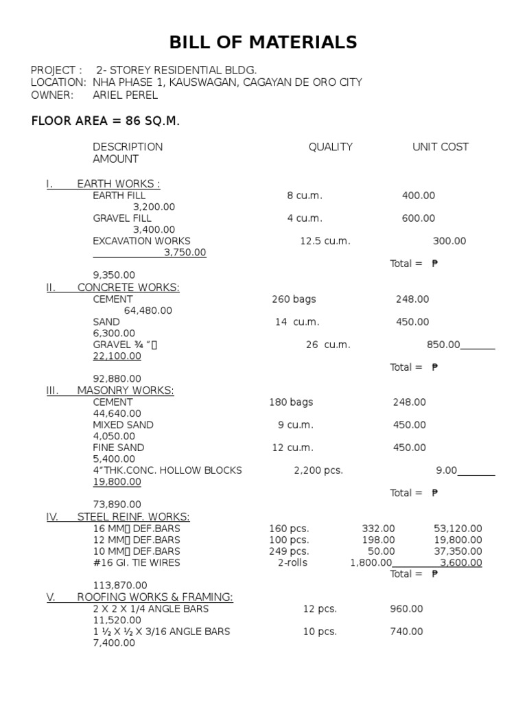 Bill of Materials for 2-Storey Home | PDF