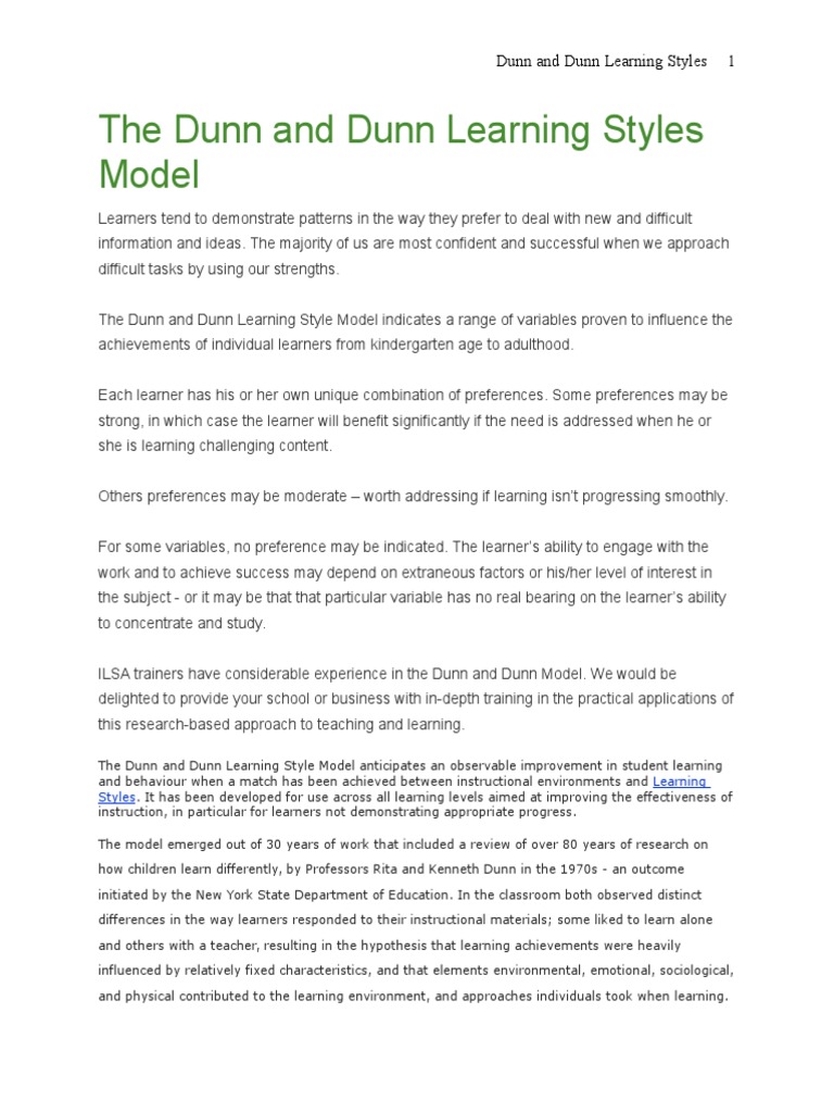The Dunn and Dunn Learning Styles Model | PDF | Learning Styles ...