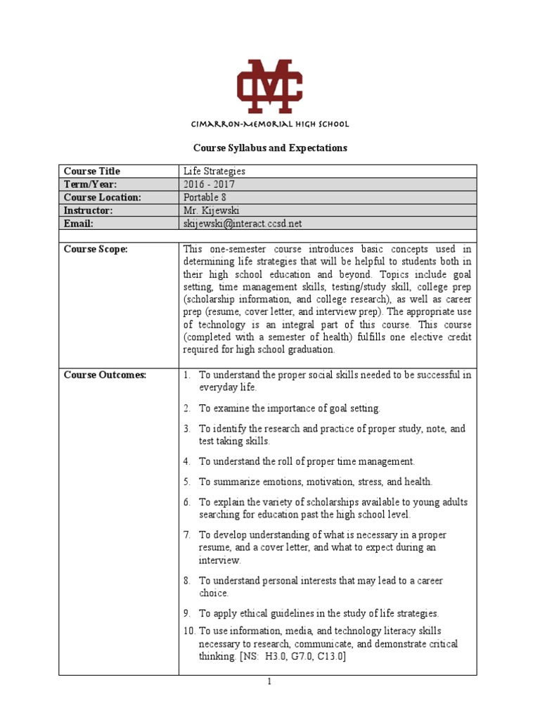Life Strategies Course Syllabus | PDF | Homework | Schools