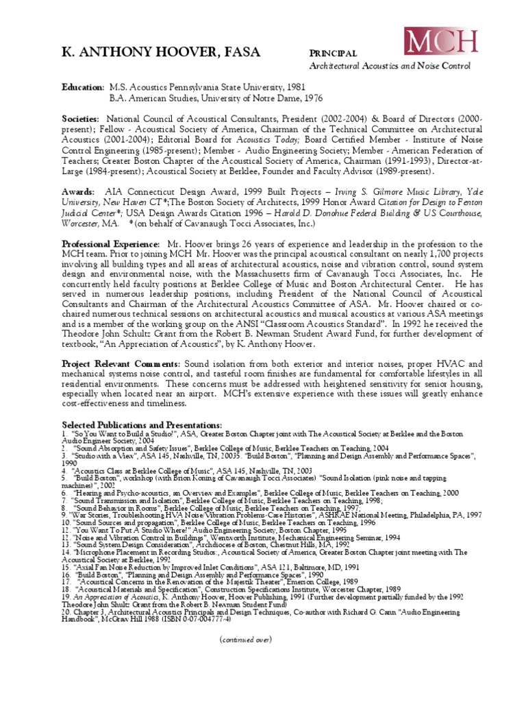 Tony Hoover Resume 09 | PDF | Massachusetts | Acoustics