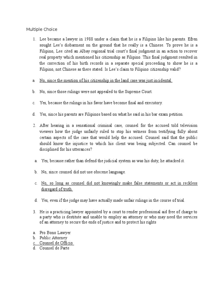Multiple Choice | PDF | Practice Of Law | Lawyer