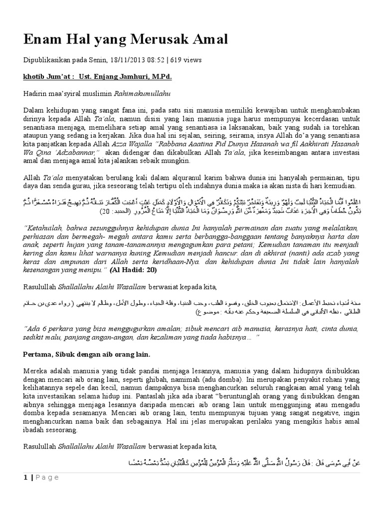 6 Hal Yang Merusak Amal Ibadah | PDF