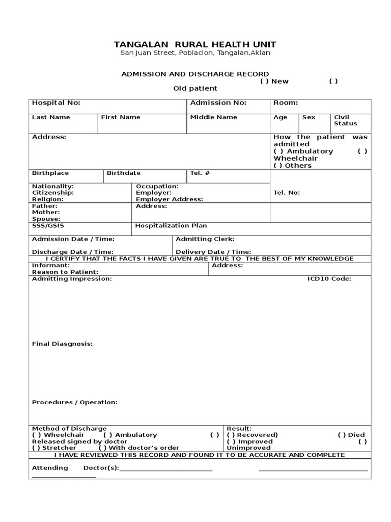 Tangalan Rural Health Unit: Admission and Discharge Record New Old ...